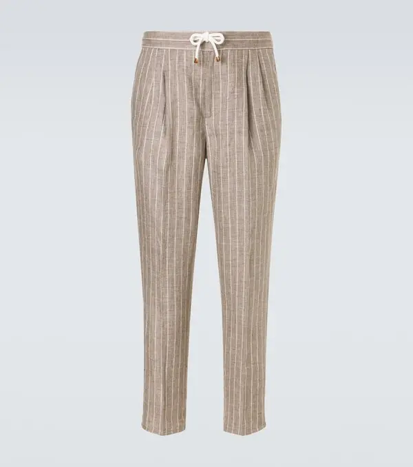 Brunello Cucinelli Chalk Stripe Linen Twill Tapered Pants