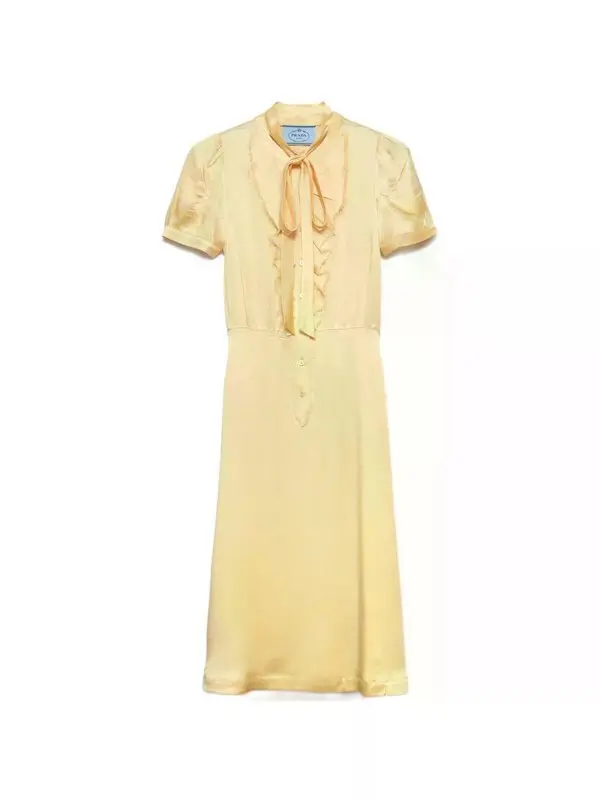 Prada Satin Crepe Dress With Ruffle Detail And Scarf Neck - Yellow