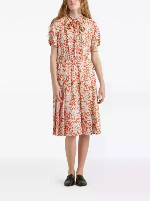 Prada Printed Pleated Pongé Shirtdress - Orange