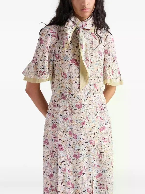 Prada Floral-print Georgette Dress With Scarf - Neutrals