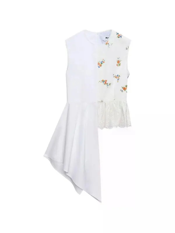 MSGM Asymmetrical Floral Print & Striped Panel Top