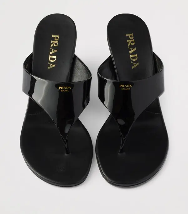 Prada Patent Leather Wedge Thong Sandals - Black