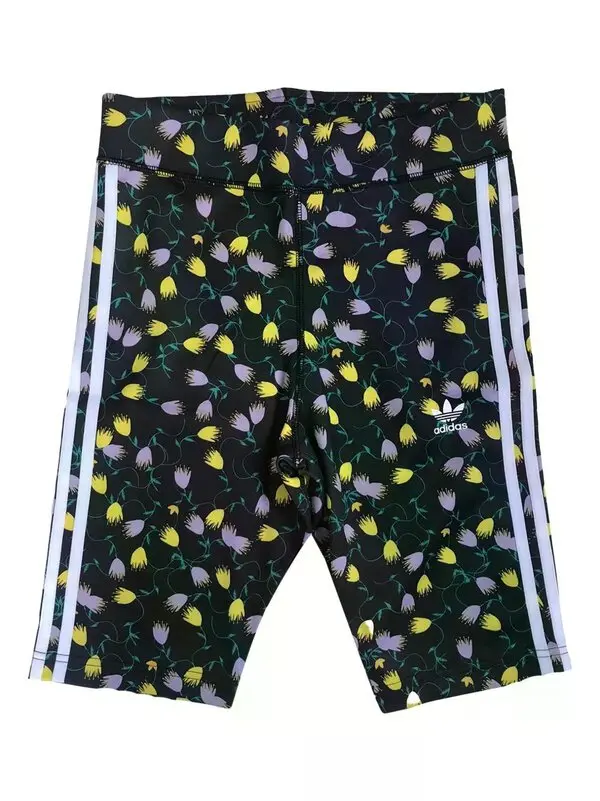 Adidas Cycling Shorts With Floral Print And Signature Stripes - Black