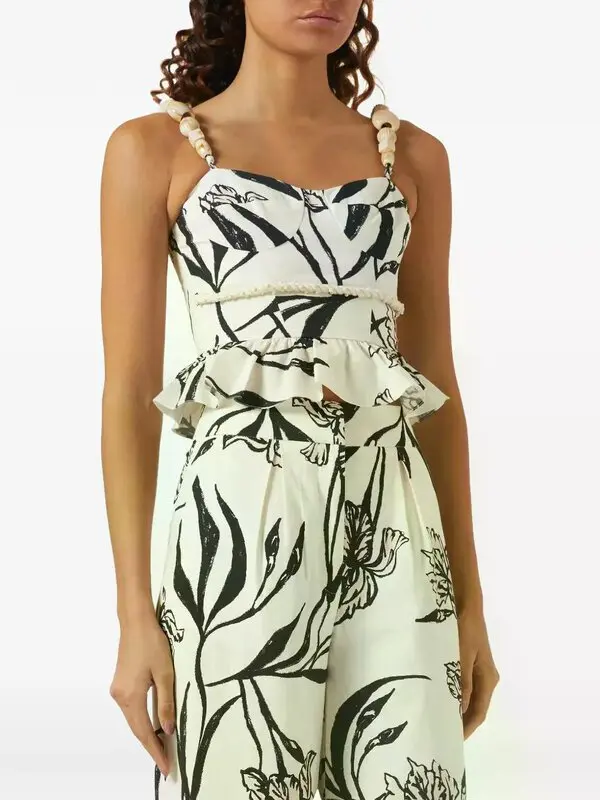 PatBO Floral Print Beaded-strap Peplum Top