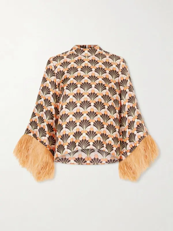 La DoubleJ Make An Exit Feather-trimmed Top - Orange
