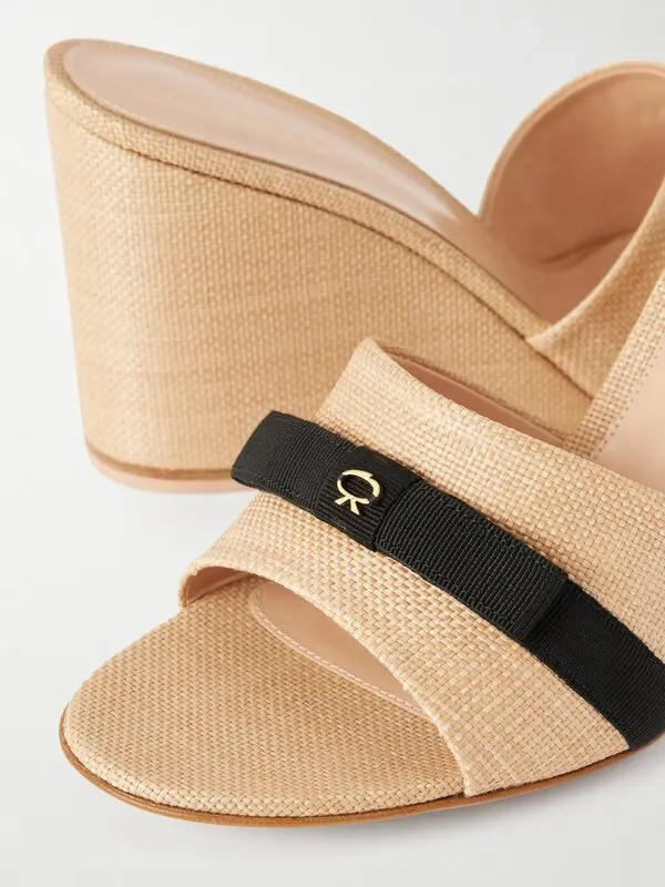 GIANVITO ROSSI 85 Grosgrain-trimmed Raffia Wedge Mules