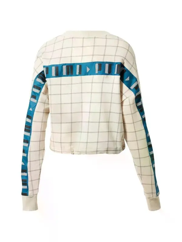 PUMA Plaid Revolt Crewneck Sweatshirt With Striped Sleeves - Neutrals