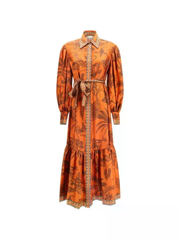ALEMAIS Alemas Belt Detail Floral Print Midi Dress - Orange