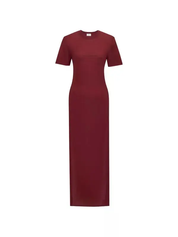 Saint Laurent Short Sleeve Round Neck Maxi Dress With Split Detail - Red