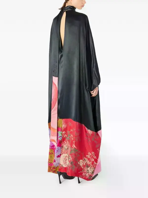MARINE SERRE Long Sleeve Silk Dress With Scarf Detail - Black