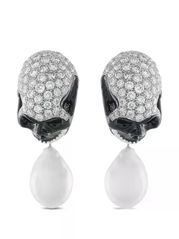 LB EXCLUSIVE 18k White Gold Diamond And Pearl Skull Drop Earrings - Silver