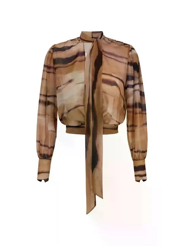 Elisabetta Franchi Chiffon Tiger Print Tie-neck Blouse - Neutrals