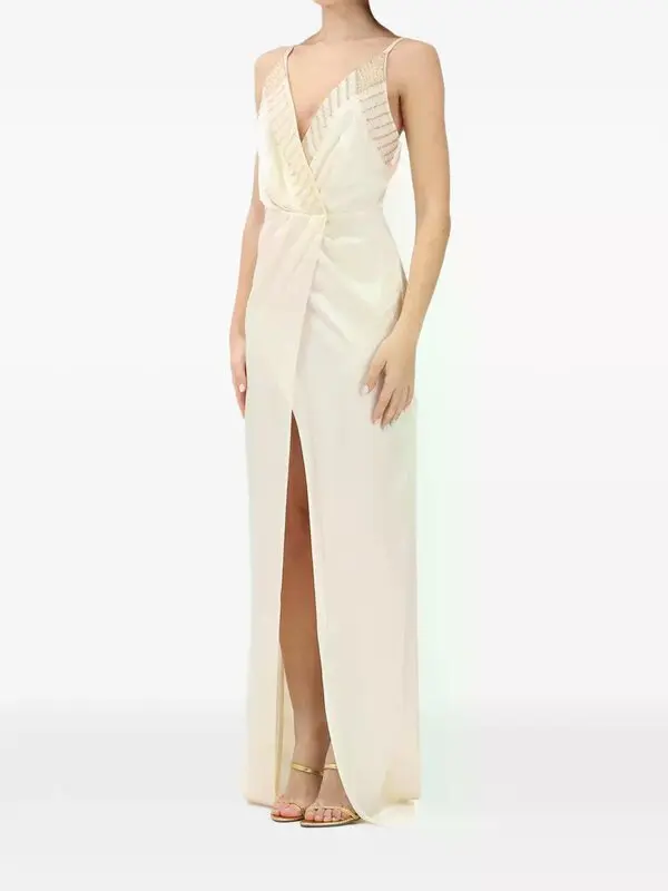 Elisabetta Franchi Satin Gown With Embroidered Crystals - Neutrals