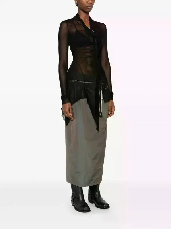 YEHUAFAN Asymmetric Hem Zip Ruched Sheer Top