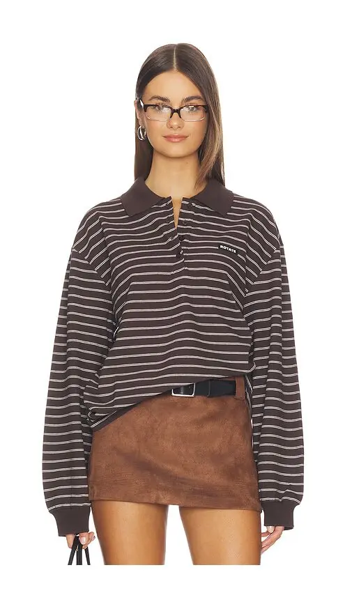 ROTATE BY BIRGER CHRISTENSEN Pique Long Sleeve Polo - Brown
