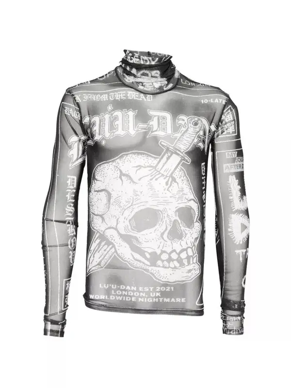 LỰU ĐẠN Skull Print Long Sleeve Mesh Top