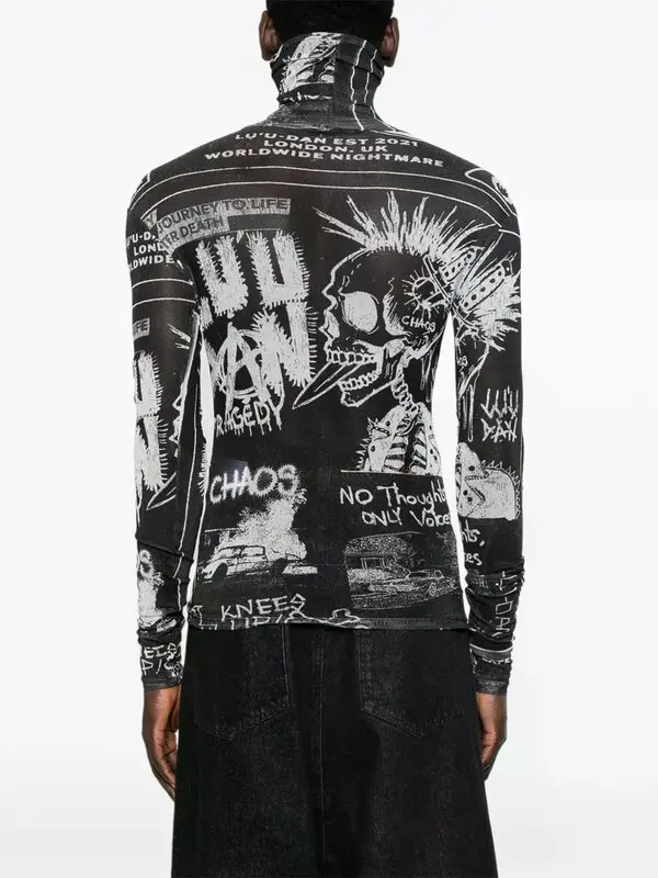 LỰU ĐẠN Skull Print Long Sleeve Mesh Top