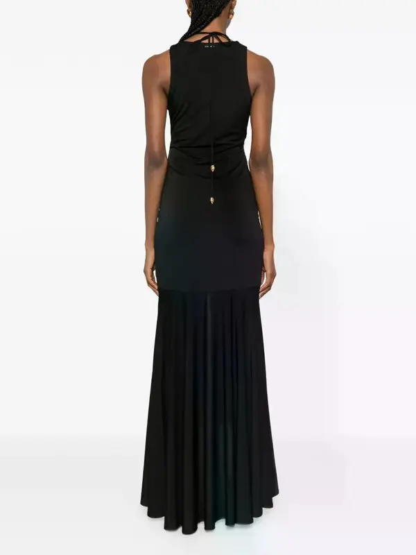 Just Cavalli Sleeveless V-neck Ruched Asymmetrical Hem Maxi Dress