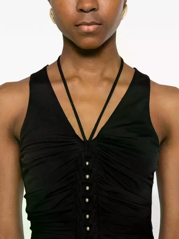 Just Cavalli Sleeveless V-neck Ruched Asymmetrical Hem Maxi Dress