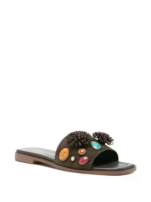 TWINSET Embellished Pompom Flat Sandals - Brown