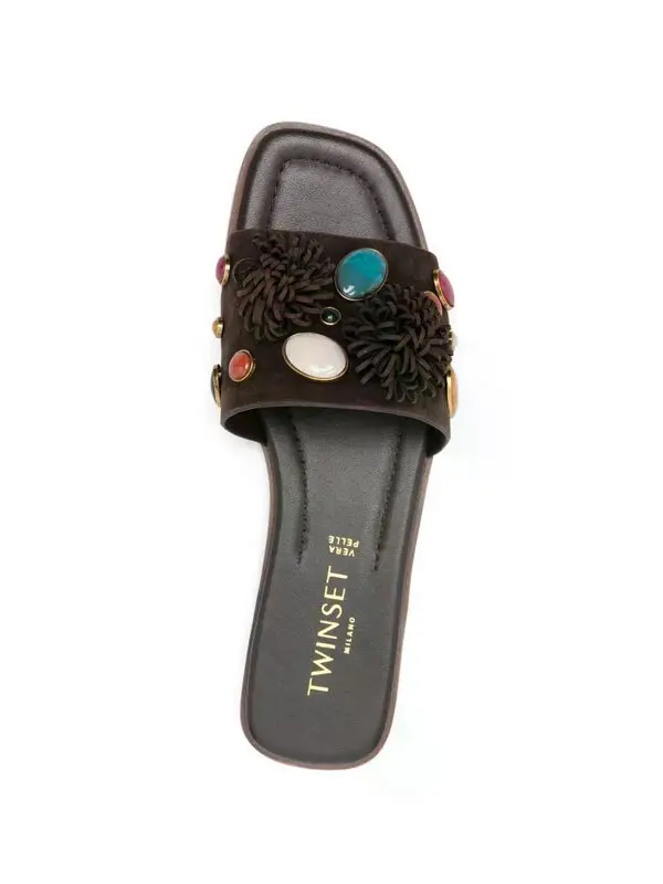 TWINSET Embellished Pompom Flat Sandals - Brown