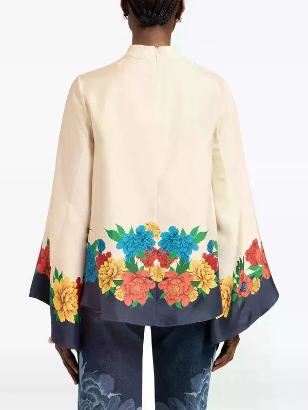 La DoubleJ High-neck Floral Print Blouse With Cape Effect - Neutrals