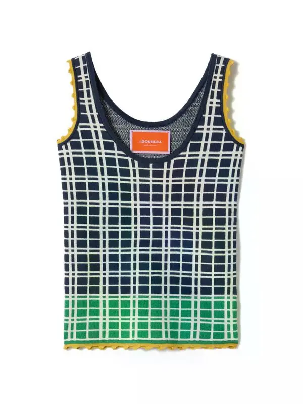 La DoubleJ Check Ribbed Knit Top With Scalloped Trim - Blue