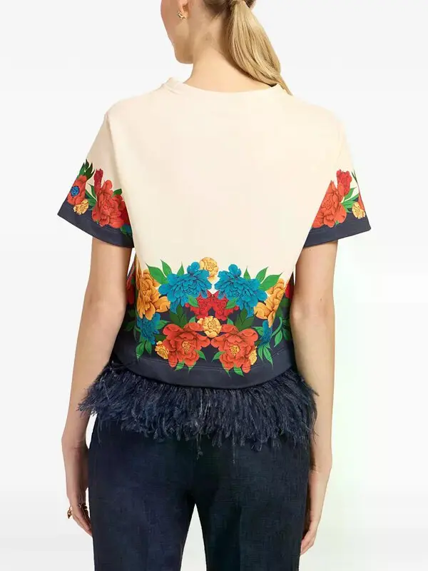 La DoubleJ Floral Feather Trim T-shirt - Neutrals