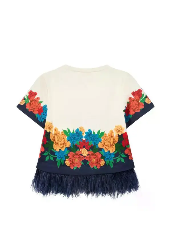 La DoubleJ Floral Feather Trim T-shirt - Neutrals