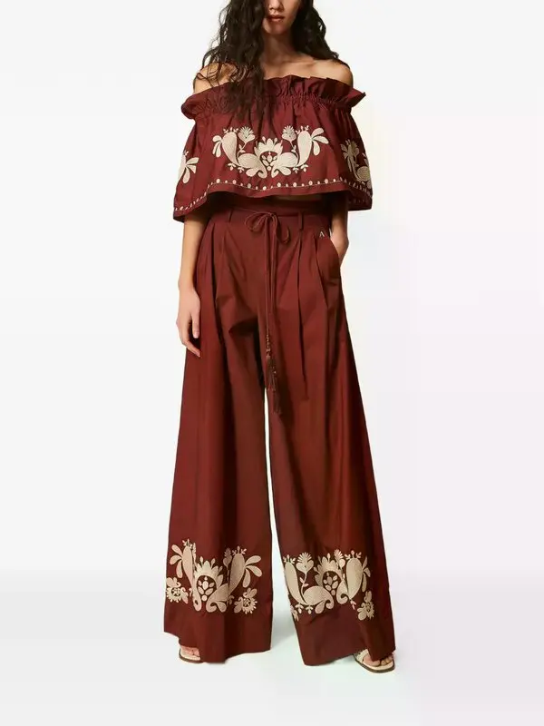 TWINSET Embroidered Cotton Poplin Palazzo Trousers - Red