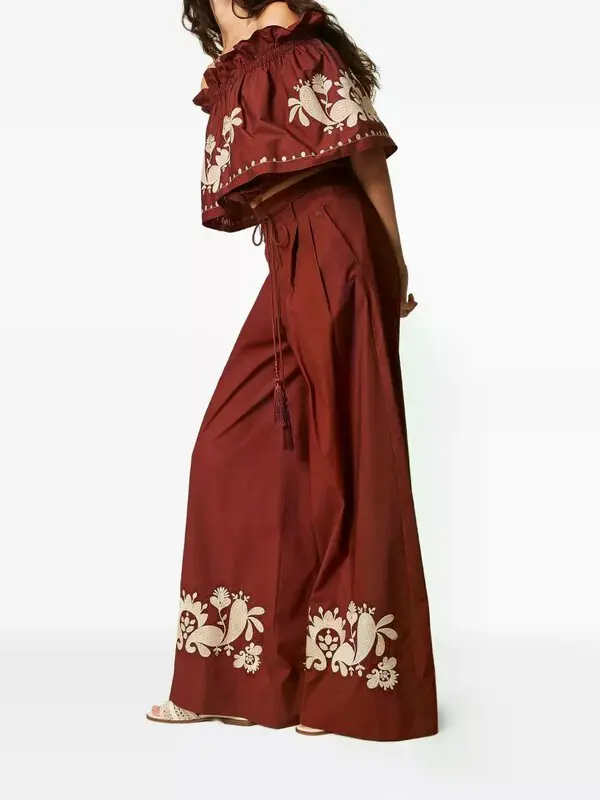 TWINSET Embroidered Cotton Poplin Palazzo Trousers - Red