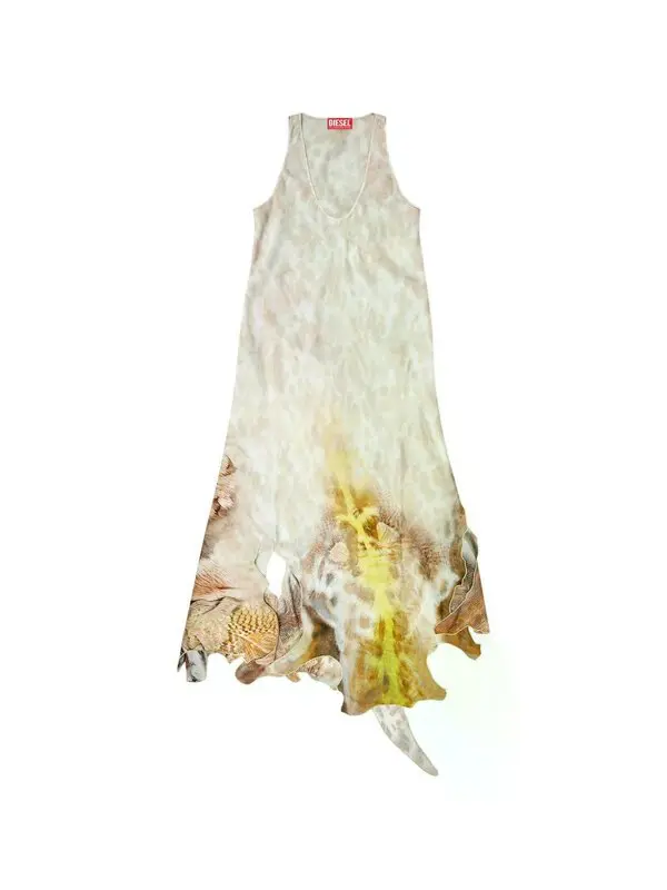DIESEL® D-ikara Asymmetric Feather Print Maxi Dress