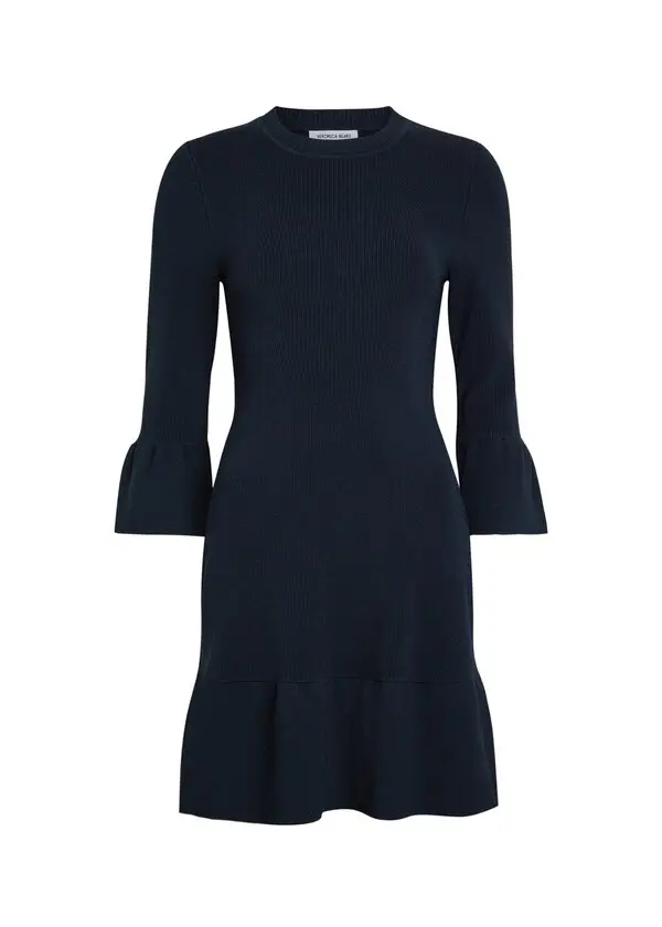Veronica Beard Portia Knit Mini Dress With Flared Cuffs And Hem - Navy