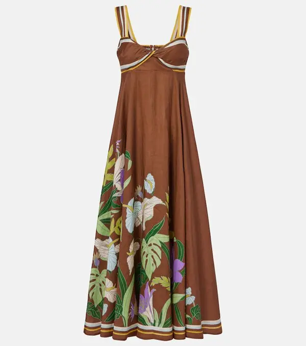 ALEMAIS Alfie Floral Linen Midi Dress - Brown