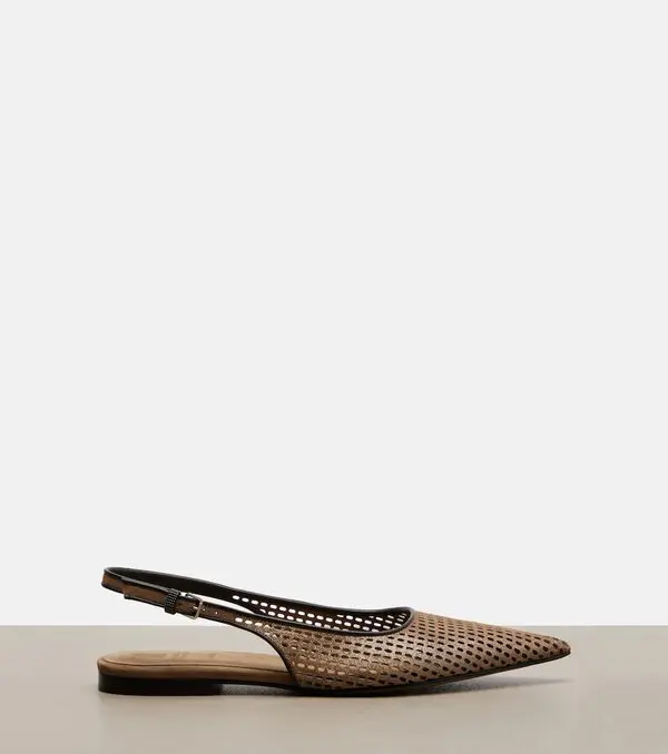 Brunello Cucinelli Perforated Leather Slingback Flats - Brown