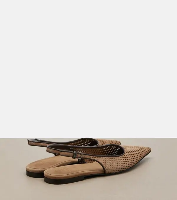 Brunello Cucinelli Perforated Leather Slingback Flats - Brown