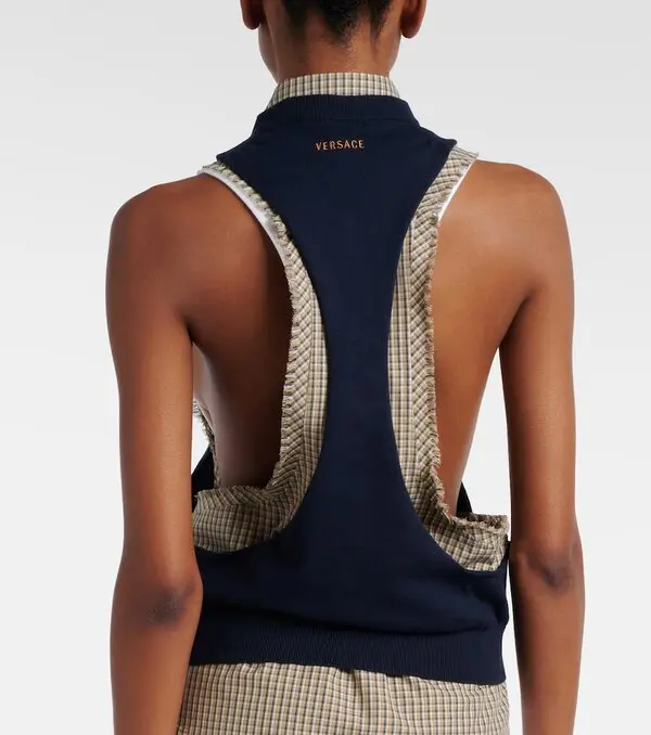 Versace Knitted Cotton V-neck Top - Blue