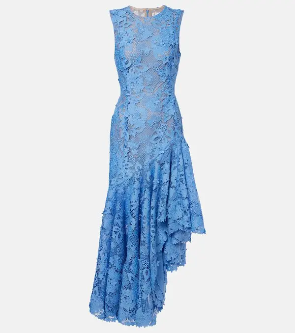 Oscar De La Renta Asymmetric Floral Embroidered Cocktail Dress - Blue