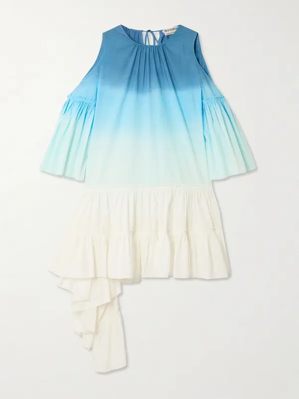 JW Anderson Cold-shoulder Tiered Ruffled Tie & Dye Cotton-poplin Mini Dress - Multi