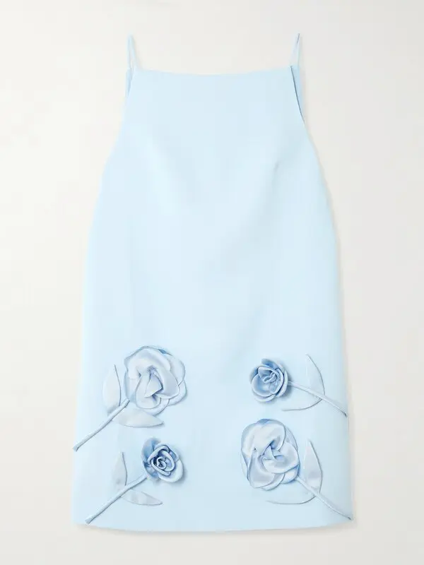 SELF-PORTRAIT Appliquéd Satin-trimmed Crepe Mini Dress - Blue