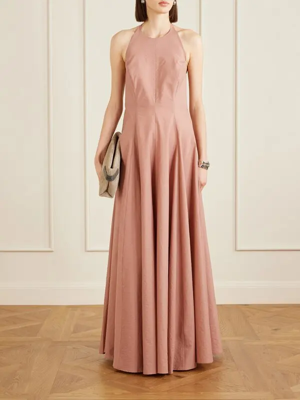 Brunello Cucinelli Pleated Halterneck Maxi Dress In Cotton Blend