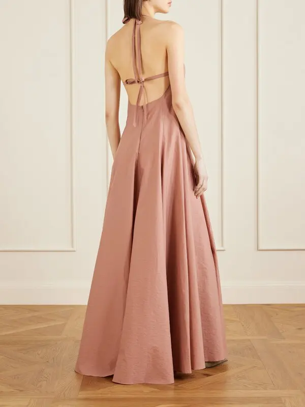 Brunello Cucinelli Pleated Halterneck Maxi Dress In Cotton Blend