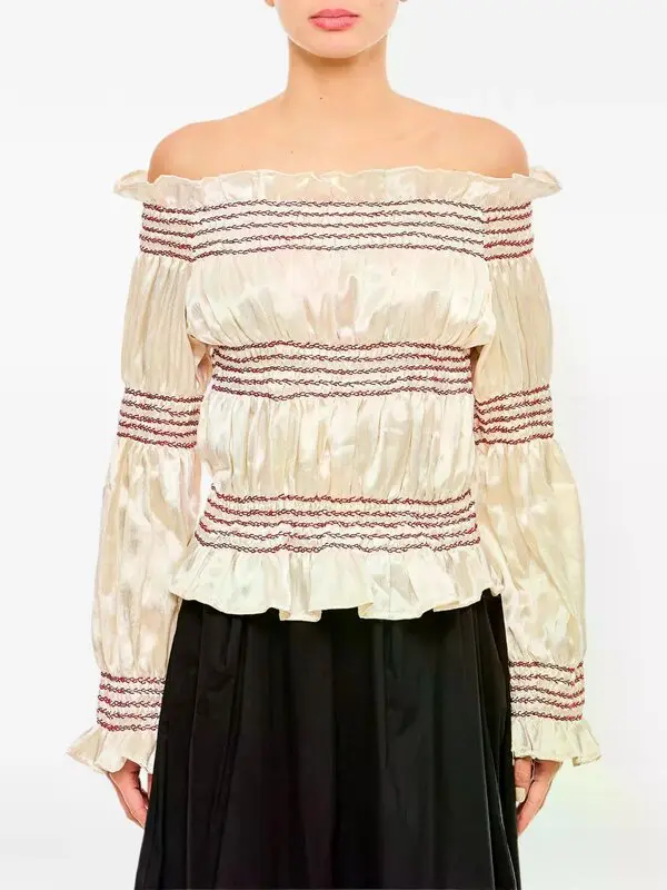 Tigra Tigra Off-the-shoulder Smocked Top With Ruffled Trim - Neutrals