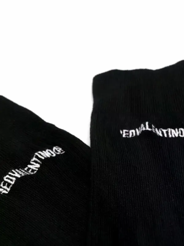 Red Valentino Embroidered Logo Thigh High Socks - Black
