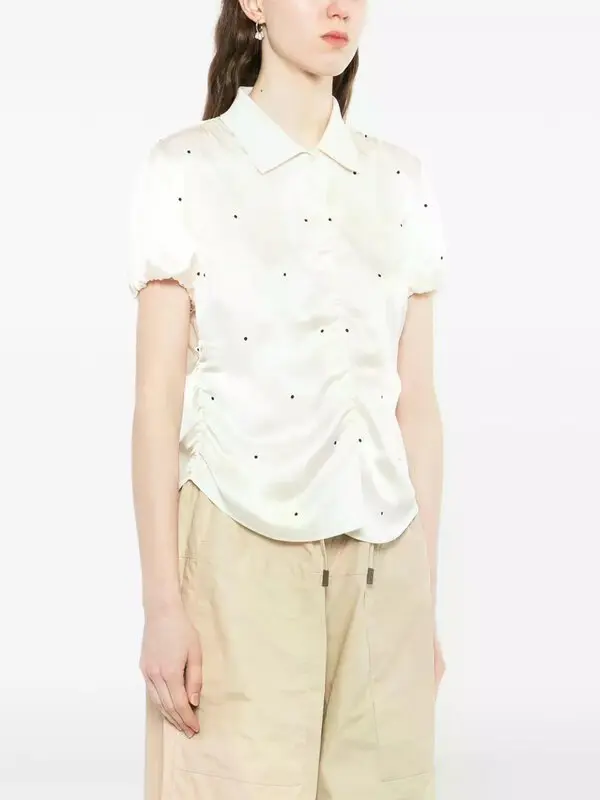 LESS Polka Dot Silk Blouse With Lace Trim