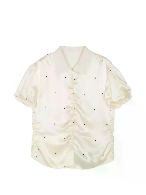 LESS Polka Dot Silk Blouse With Lace Trim - White