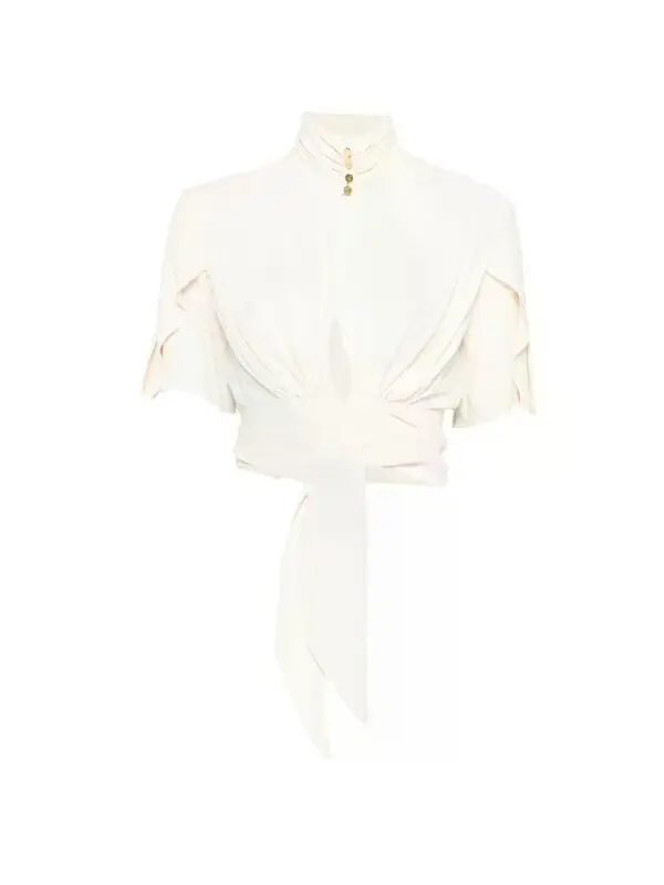 Elisabetta Franchi Short Sleeve Blouse With Sash - Neutrals