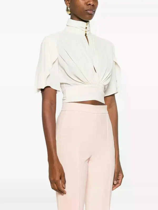 Elisabetta Franchi Short Sleeve Blouse With Sash - Neutrals