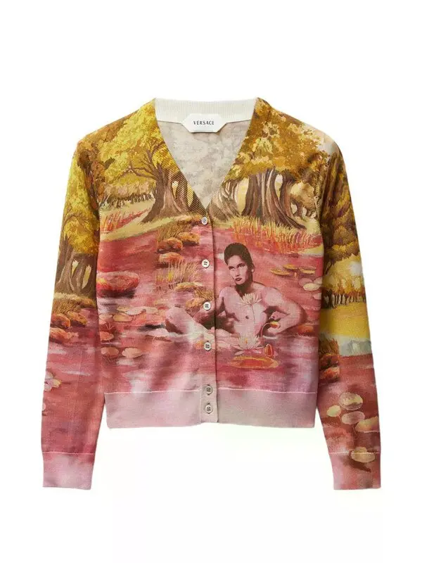 Versace The Naturist" Print Silk Knit Cardigan - Yellow