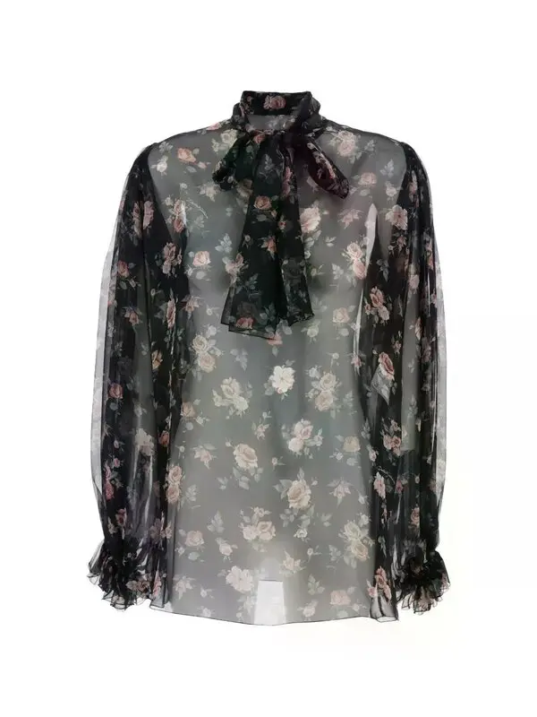 Dolce & Gabbana Floral Print Pussy Bow Blouse - Black